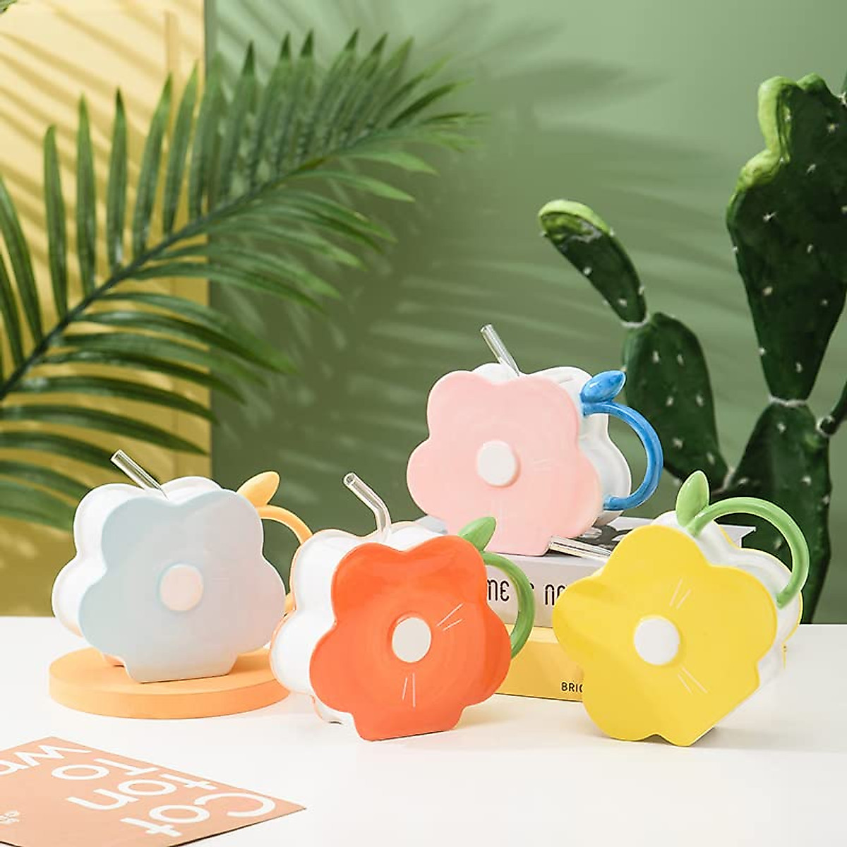 berjaya 13 oz Flower Shaped Ceramic Mug with Straw and Lid Large Capacity Coffee Home Decoration Gift (yellow)