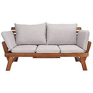 Safavieh PAT7300E Collection Emely Acacia Wood Expandable Loveseat Outdoor Daybed, Natural/Light Grey