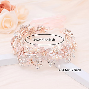 Oriamour Wedding Headband Bridal Headpiece Flower Design With Genuine Freshwater Pearls And Ribbons Hair Accessories For Bride (Rose Gold)