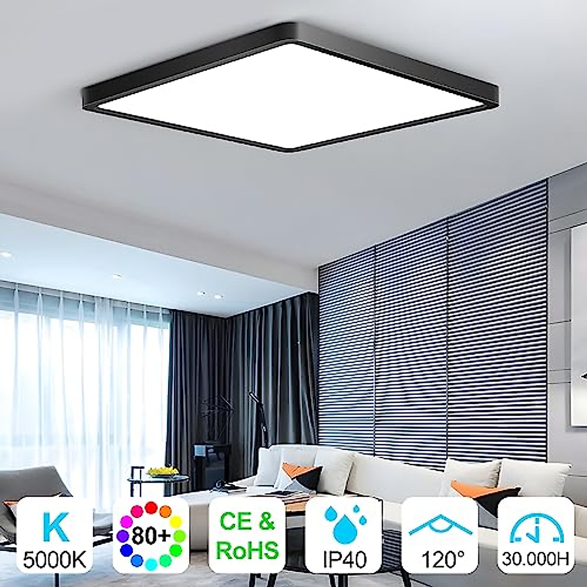 LED Flush Mount Ceiling Light Fixture, 12 Inch 24W, Daylight White 5000K Square Ceiling Light, 3200LM Black Flush Ceiling Lamp, Flat Slim Ceiling Light Fixture for Kitchen Bedroom Stairwell Hallway