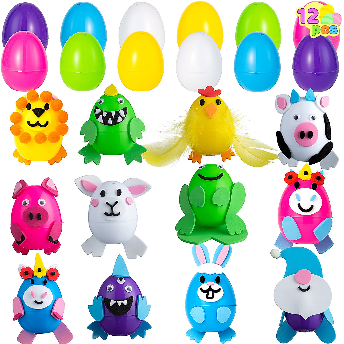 JOYIN 12 Sets Easter Eggs Decorating Craft Kit Toy for Kids, Easter DIY Animal Foam Craft Kits with Easter Eggs for Kids Easter Eggs Art Crafts Activities Easter Decorations, Easter Party Favors