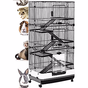 Extra Large Multi-Levels Indoor/Outdoor Small Animal Rabbit Bunny Guinea Pig Hedgehog Ferret Cat Chinchilla Squirrel Habitat Cage with Pull Out Tray Rolling Wheels (32" L x 21" W x 58" H, Black)