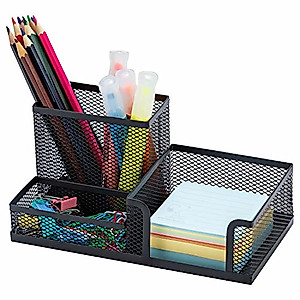 Yunqing Black Mesh Pen Holder - Multipurpose Mesh Desk Organizers Large Capacity Office Supplies with Sticky Notes Holder and 3 Compartments 4 Non-slip Mats Easy Storage Suitable for School, Home