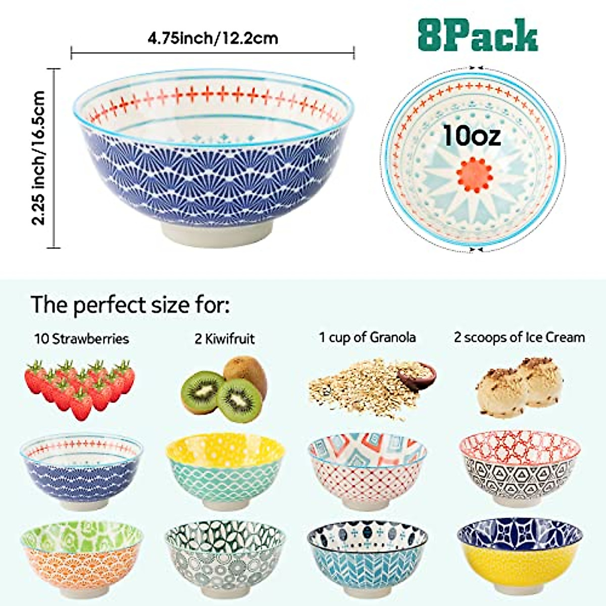 DeeCoo Cereal Bowls,Set of 8 Porcelain, 4.75 Inch Diameter,10 Fluid Ounces (1.25 Cup), Vibrant Colors Soup, Cute Oatmeal Bowls for Pasta, Small Salad, Stews, Rice, Yoghurt, Dessert, Poke