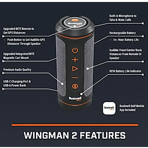 Bushnell Wingman 2 GPS Bluetooth Speaker with Included Wearable4U Ultimate Black Earbuds with Power Case and Wall/Car Chargers Bundle