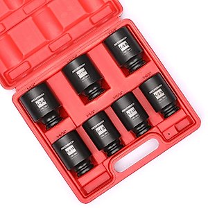 MIXPOWER 1/2-Inch Drive Deep Impact Socket Set, Inch, Cr-Mo, 6-Point, 1-3/8-Inch - 1-3/4-Inch, 7-Piece 1/2" Dr. Deep Spindle Axle Nut Impact Socket Set
