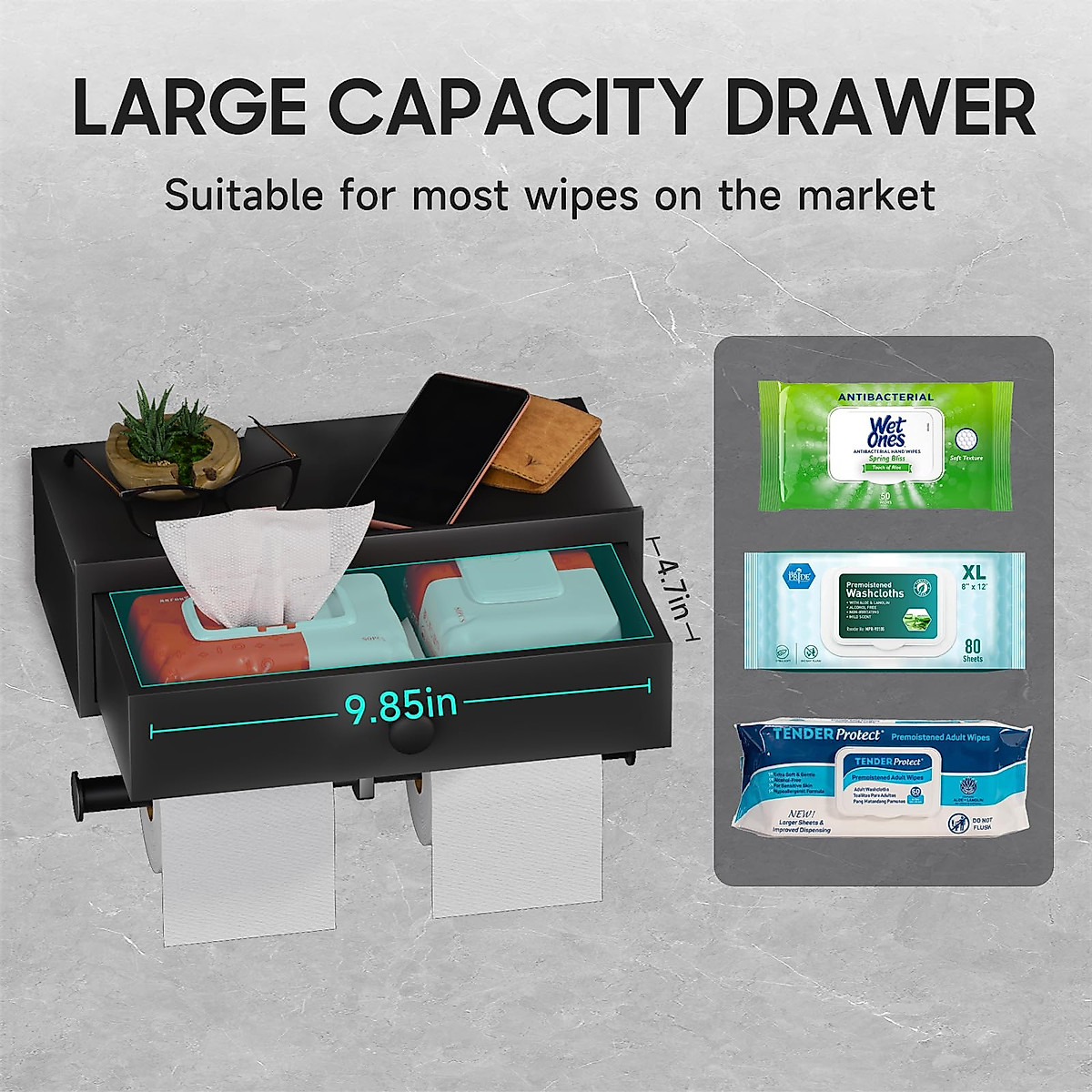 Double Toilet Paper Holder with Shelf,Wall Mount/Adhesive Matte Black Toilet Paper Holder,Wipes Dispenser for Bathroom,Wood Toilet Roll Holder with Storage Drawer