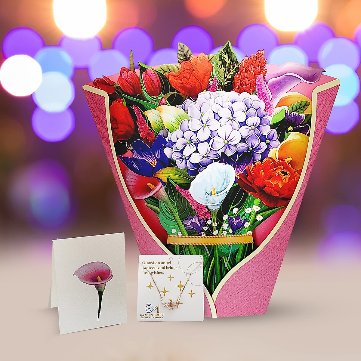 3D Pop-Up Greeting Card, 12 inch Life Sized Hydrangea Bouquet Artificial Flowers, 18k Gold Plated Necklace Gift with Note Card and Envelope Birthday Card for Mom Gifts for Women