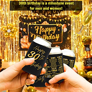 BackURyear 30th Birthday Decorations for Men Women, Him 30th Birthday Party Supplies, Her 30 Years Old Birthday Decor, Back in 1994- Turning Thirty, Can Cooler Sleeves, Black&Gold/12 Pcs