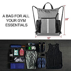 BeeGreen Grey Drawstring Bag Pack Gym Sackpack w Shoe Compartment Two Water Bottle Holder Portable String Sinch Sack for Gymnastic Athletic Beach Travel