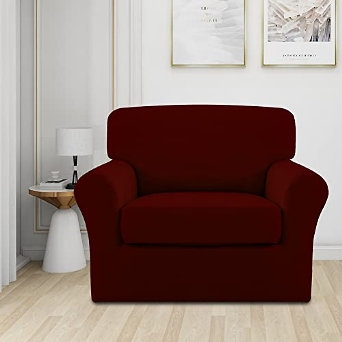 Easy-Going 2 Pieces Microfiber Stretch Chair Slipcover – Spandex Soft Fitted Sofa Couch Cover Washable Furniture Protector with Elastic Bottom Kids Pet Wine