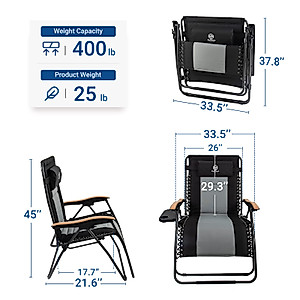 Coastrail Outdoor Zero Gravity Chair Oversized XXL 33.5" Patio Padded Reclining Lounger with Pillow, Side Table for Camping, Lawn, Garden Black/1pack