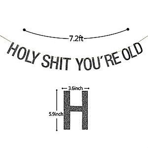 Black Glitter Holy Shit You're Old Banner - Funny 30th 40th 50th 60th 70th 80th 90th Birthday Party Decorations