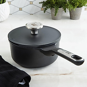 BergHOFF Phantom Nonstick Ceramic 7in Saucepan 2.1qt. With Strainer Lid Recycled Cast Aluminum CeraGreen Non-toxic Coating Full Disk for Glass Top Stoves Potholders Included