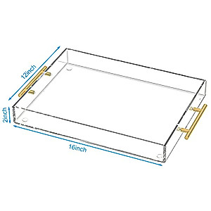HIIMIEI Acrylic Serving Tray 12x16 Inch, Clear Trays with Gold Handles, Decorative able Tray for Coffee, Appetizer, Breakfast, Bathroom, Vanity