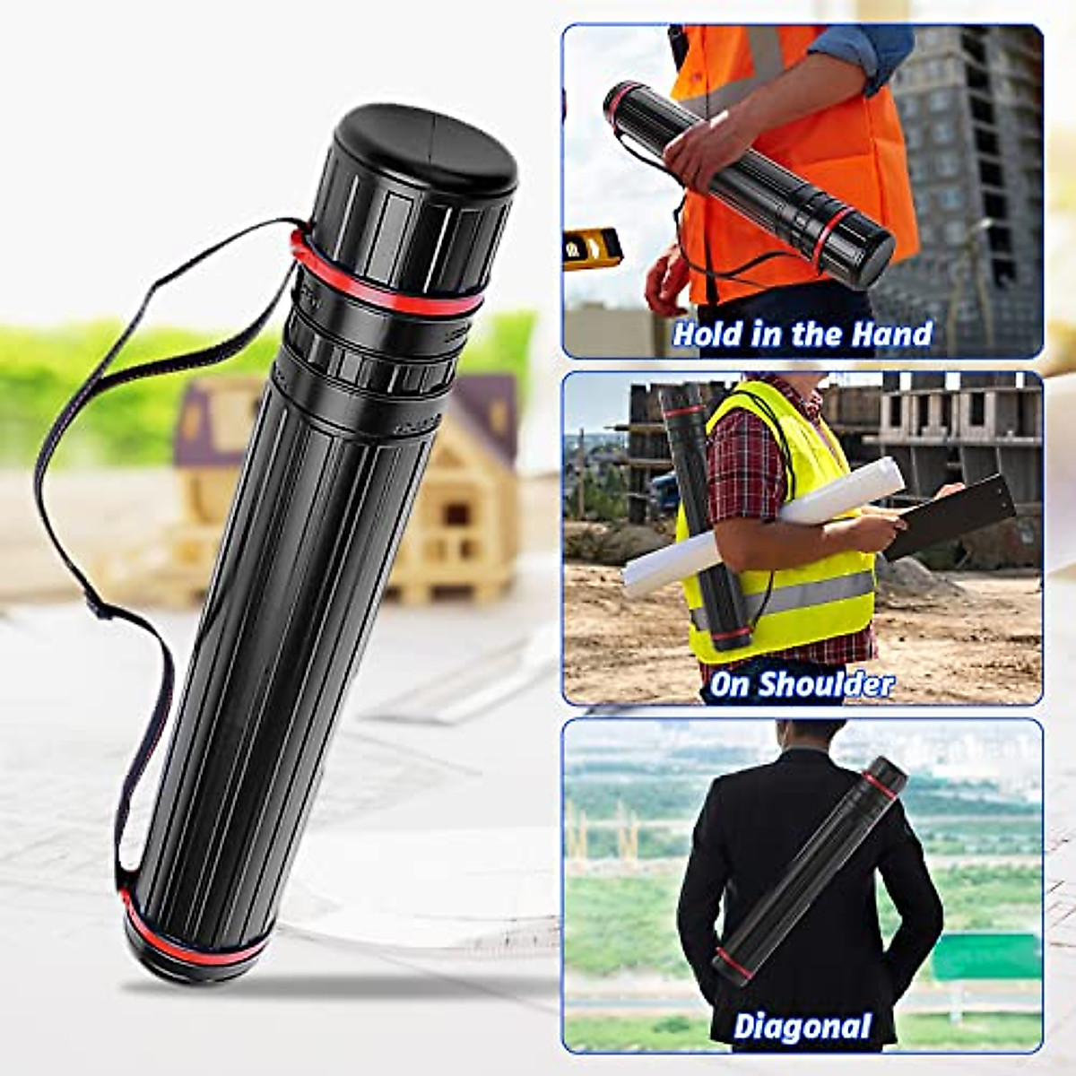 TOOYFUL Extendable Poster Tubes Expand from 18”to 28'' with Shoulder Strap, Carry Documents, Blueprints, Drawings and Art, Black Portable Storage Cases