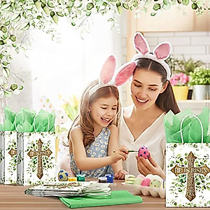 16 Pack Easter Gift Bags with Tissue Handles Easter Goodie Bag Easter Paper Tote Bag He Is Risen Cross Sign Easter Party Treat Bags for Egg Hunts Candy Treat Gifts Supplies
