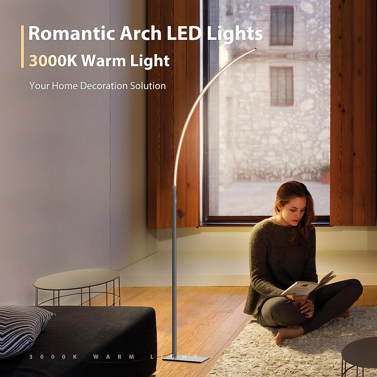 Modern 63" Arc Floor Lamp - Brushed Sliver Standing Lamp for Living Room and Bedroom, Touch Control 3000K Warm Light and 3-Way Dimmable Brightness Grey Lamp, Unique LED Corner Floor Lamp for Couch