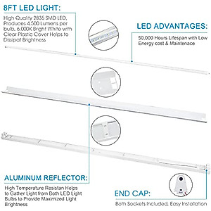 BRILLIHOOD 8FT LED Garage Shop Light, 80W (190W Equiv.), 8000LM LED Ceiling Light Fixtures, 6000K (Cool White), T8/T12 Fluorescent Light Fixture for Warehouse, Supermarket, Workshop Office, 2-Pack