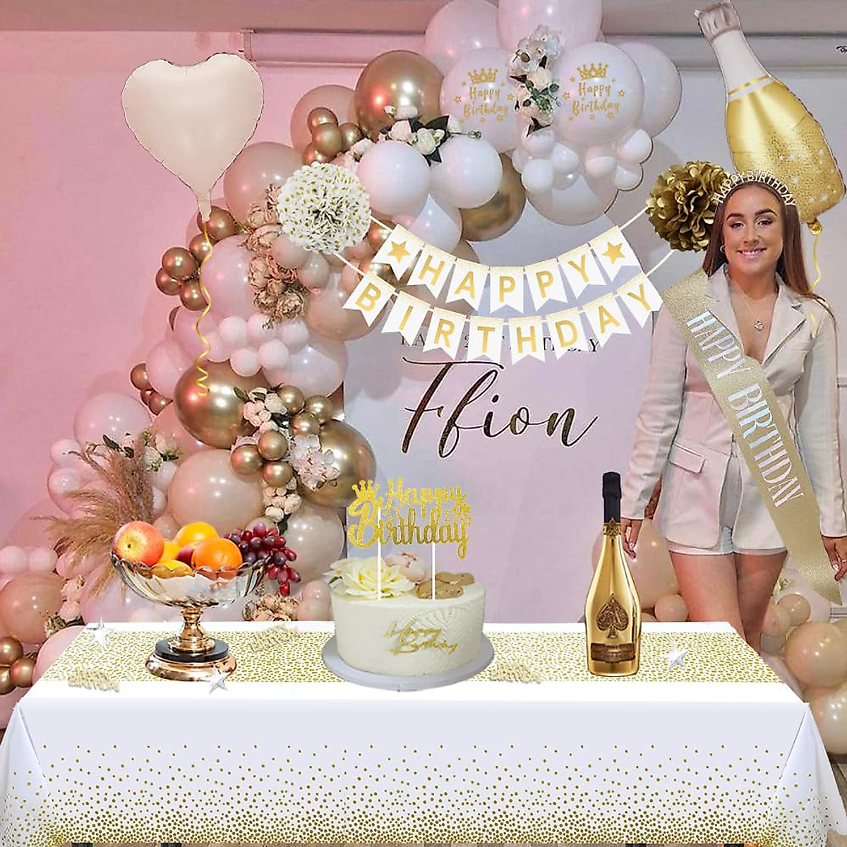 Golden Birthday Party Decorations, Gold Birthday Decorations, Happy Birthday Banner White and Gold Balloons Fringe Curtain Tablecloth Birthday Sash Crown Paper Pom Poms for Women Girls Men Boys