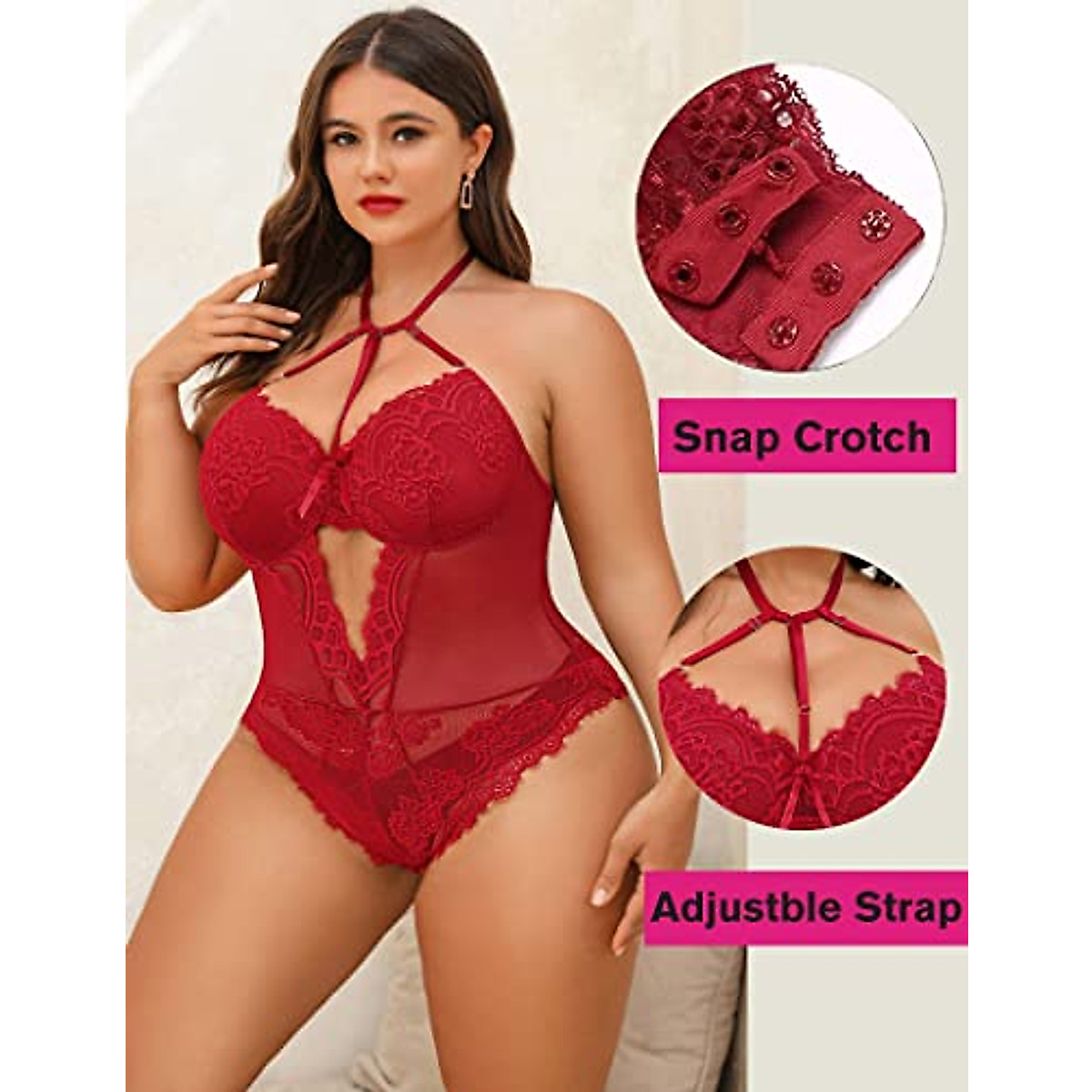 Avidlove Plus Size Lingerie for Women Snap Crotch Lace Bodysuit Teddy Lingerie One Piece Babydoll Nightgown Wine Red