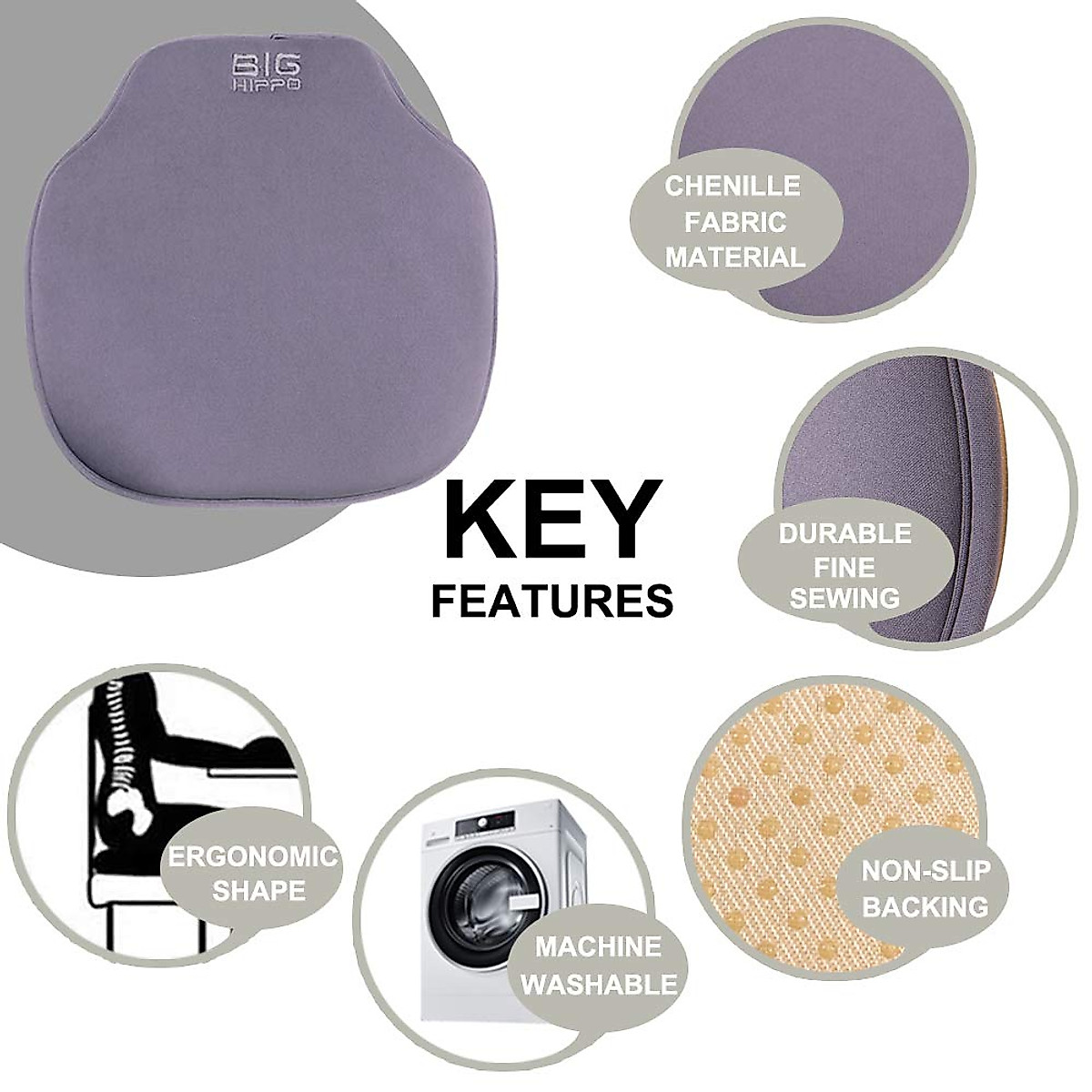 Big Hippo Memory Foam Chair Pads for Dining Chairs Non-Skid Backing Kitchen Dining Chair Cushion Seat Cushion with Ties,Thick Comfortable Seat Cushion Pad,16"x15"(1 Pack, Gray)