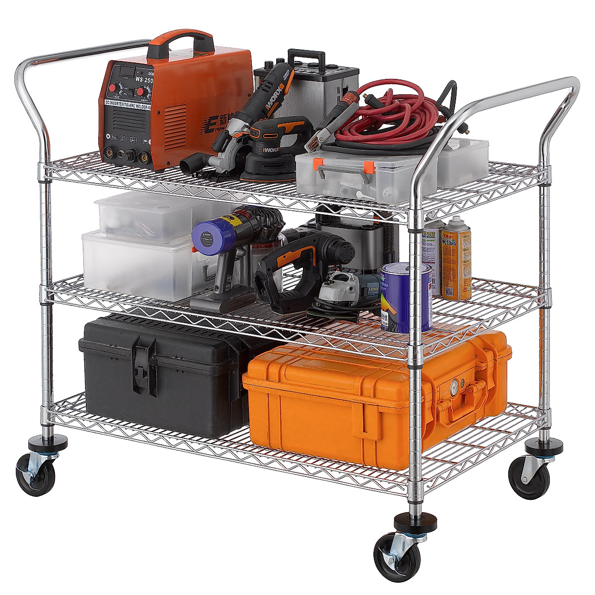 Finnhomy 3-Tier Commercial Grade Rolling Cart, Heavy Duty Utility Cart, Carts with Wheels and Handles, Kitchen Cart on Wheels, Metal Serving Cart with 600 lbs Capacity, Shelf Size 24" D x 40" W, NSF