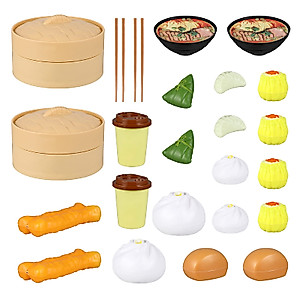 Play Food 26pcs Pretend Play Toy Asia Dim Sum Set Steamer Buns Chinese Breakfast Toy for Kids Food Kitchen Set Cooking Dish Asia Tea Time Birthday Gift, Style Random