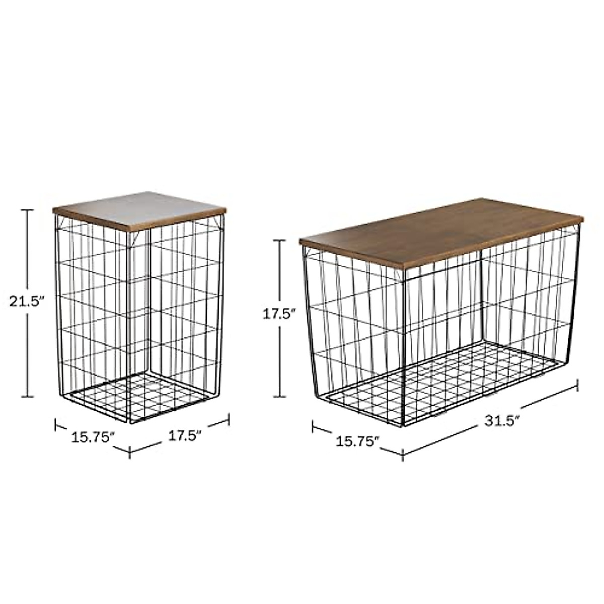 Lavish Home Set of 3 Living Room Tables - Metal Basket Storage with Removable Lids - 2 Small Side and 1 Large Accent Table (Brown/Black)