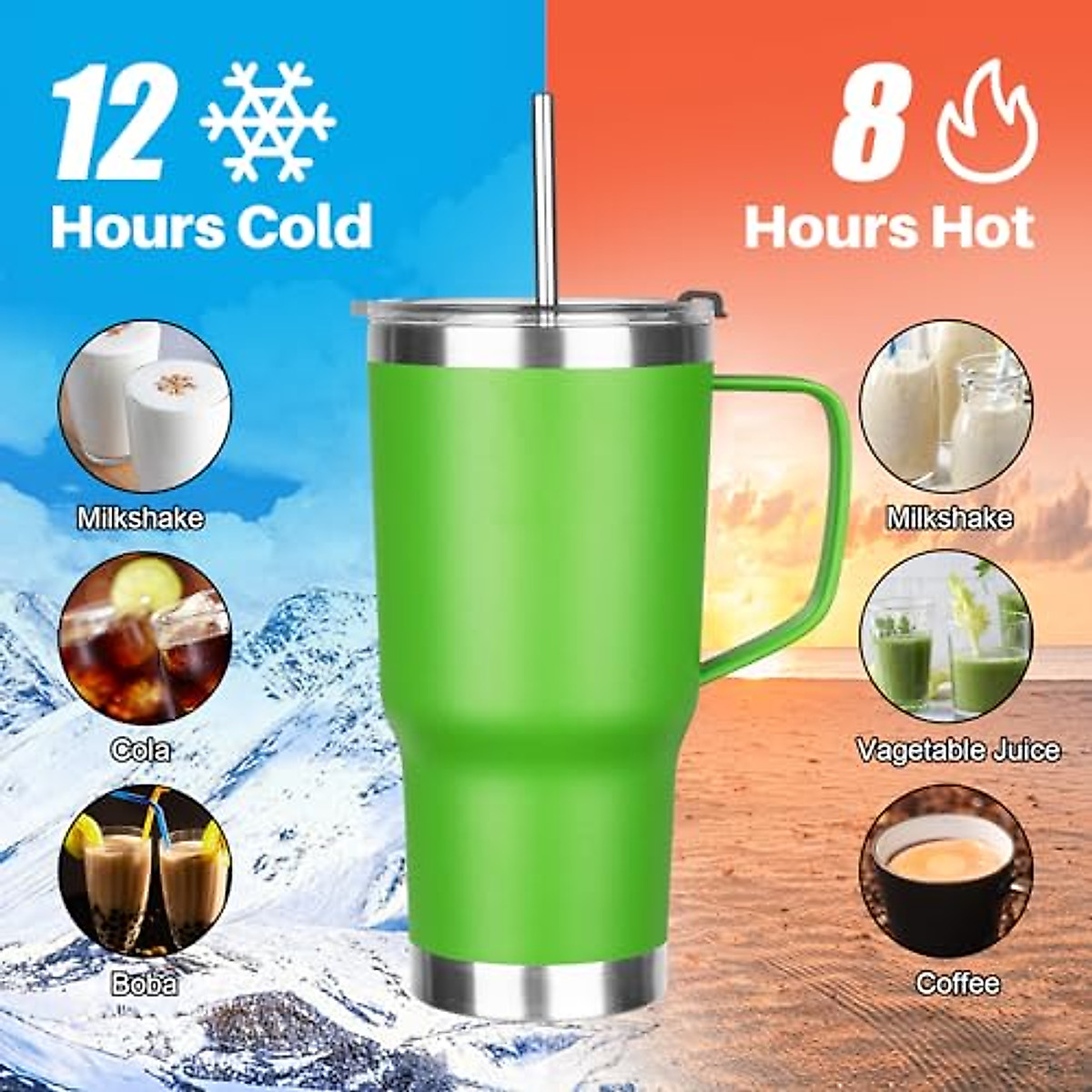 GUDEMAO 20 oz Tumbler with Handle, Stainless Steel Insulated Tumbler with Lid and Straw, Double Wall Vacuum Insulated Coffee Mug Tumbler, Insulated Coffee Thermal Cup for Cold and Hot (Bright Green)