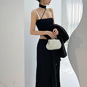 Women Vintage Beaded Evening Clutch Vintage Design Sequin Floral Top-handle Handbag Party Wedding Purse Wallet (Silver)