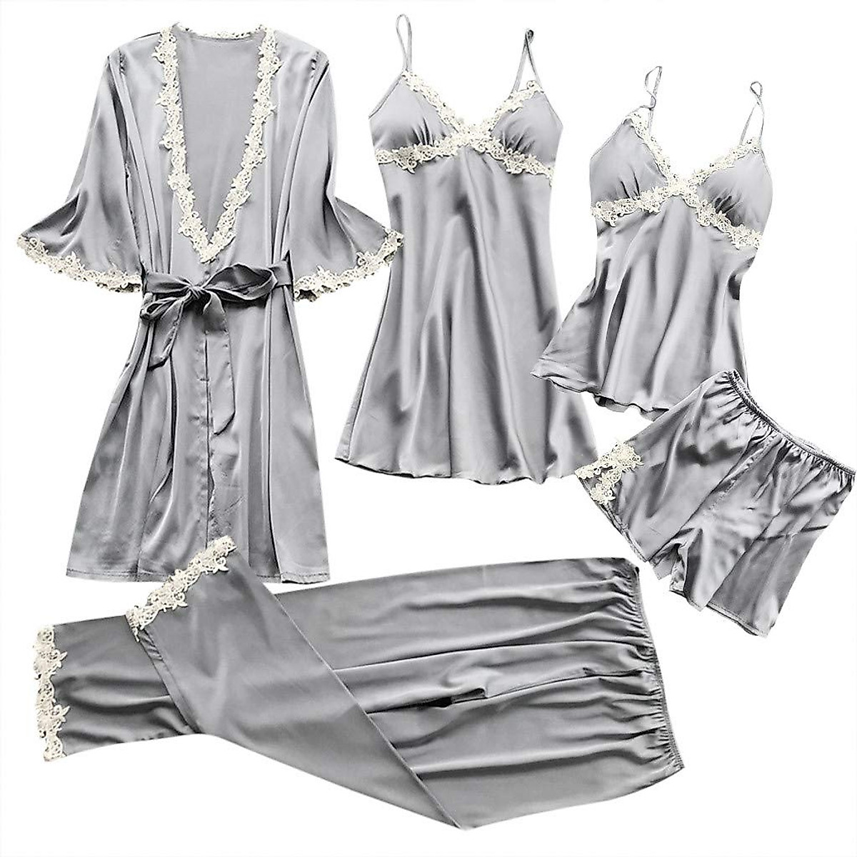 Aniywn Bridal Lingerie for Women Sexy Bride Underwear Sleepwear Lingerie Lace Women Nightwear Sexy 5PC Negligee Lingerie Grey