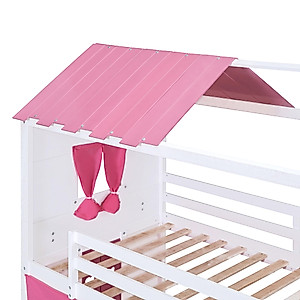 Favfurish Full Size Bunk Wood House Bed with Elegant Windows, Sills and Tent,Castle Design Wooden Bed Frame,w/Safety Guardrails & Ladder,for Kids,Teens,Boys,Girls,Pink+White