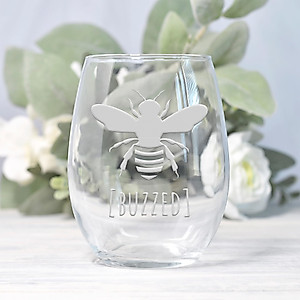 Bumble Bee Buzzed Stemless Wine Glass - Wine Glass, Gift, Funny, Cute, Buzzed, Bumble Bee, Bumblebee, Wine, Adorable