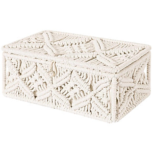 ANMINY Macrame Storage Basket with Lid & 25Pcs Organza Gift Bags Bohemian Jewelry Box Handmade Woven Natural Cotton Rope Lidded Bin Decorative Desktop Organizer Countertop Tank Shelf Cabinet Container