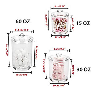 Hipiwe Clear Plastic Apothecary Jars with Lid, Large Size Bathroom Storage Canister Jar Cotton Ball and Swab Organizer Q-Tips Holder, 60-Ounce, 30-Ounce and 15-Ounce, Set of 3