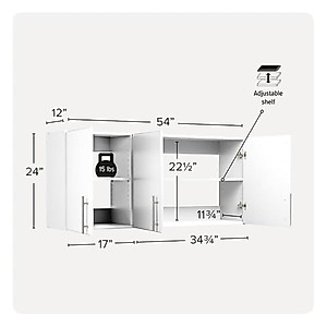 Pemberly Row 54" Modern Engineered Wood Wall Cabinet with 3 Doors & 3 Adjustable Shelves, Metal Handles, for Laundry Room, in White Finish
