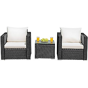 Tangkula 3 Pieces Patio Furniture Set, PE Rattan Wicker Sofa Set w/Washable Cushion and Tempered Glass Tabletop, Outdoor Conversation Furniture for Garden Poolside