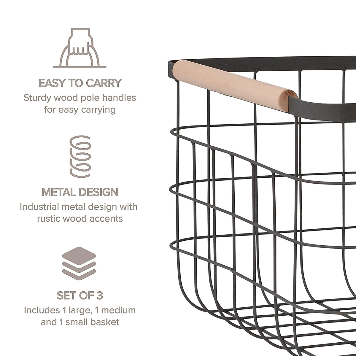 RGI Home Dog Toy Storage Baskets – Set of 3 Rectangular Metal Organizer Bins for Pet and Household Storage, Multi-Sized with Wood Accents, Durable and Rustic, Antique Gray Metal