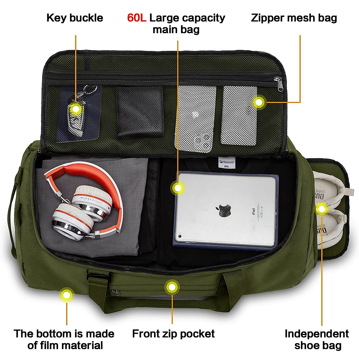 Lyweem Travel Duffel Bag for Men Duffle Bag Large Size for Women Weekender Overnight with Shoes Compartment Multifunctional Gym Bags 60L, Green