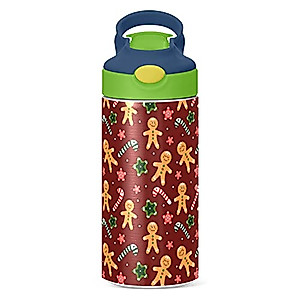 MCHIVER Christmas Gingerbread Men Kids Water Bottle with Straw Insulated Stainless Steel Kids Water Bottle Thermos for School Girls Boys Leak Proof Cups 12 oz / 350 ml Green Top