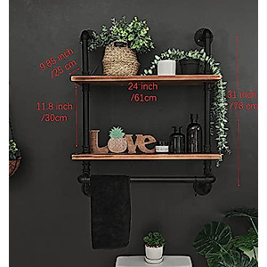 HDDFER Industrial Shelves Pipe Shelving Bathroom Shelves with Towel Bar Rustic Floating Pipe Wall Shelves with Wood Planks, 24 Inch Farmhouse Bathroom Shelves Over Toilet Wall Mounted……