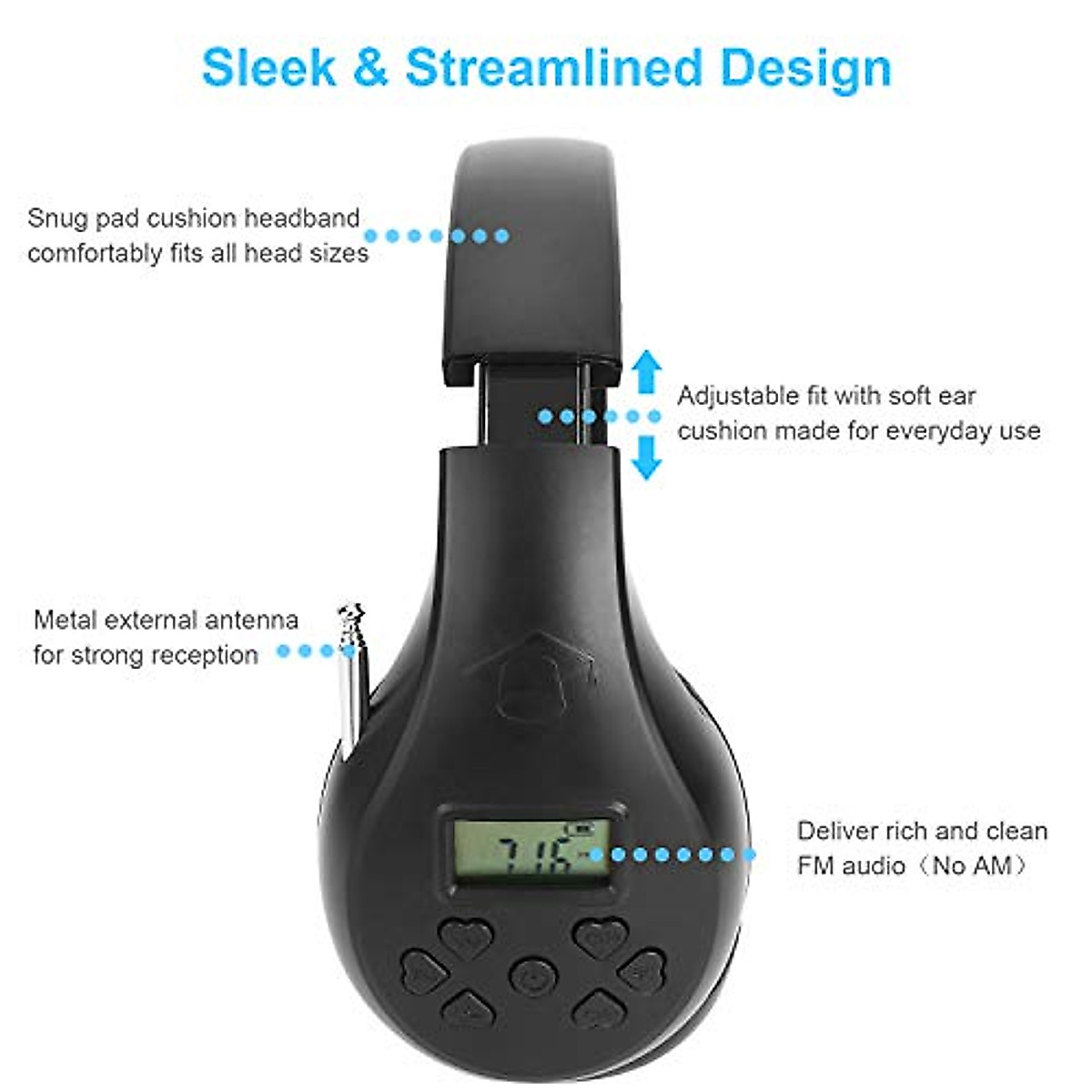 Portable Personal FM Radio Headphones with Best Reception, Walkman Wireless Headset FM Radio Ear Muffs for Walking, Jogging Powered by 2 AA Batteries(Not Included) -Black