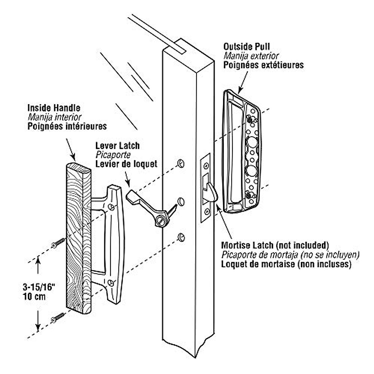 Prime-Line C 1204 Sliding Glass Door Handle Set – Replace Old or Damaged Door Handles Quickly and Easily – White Diecast, Mortise/Hook Style, Fits 3-15/16 In. Hole Spacing (1 Set)