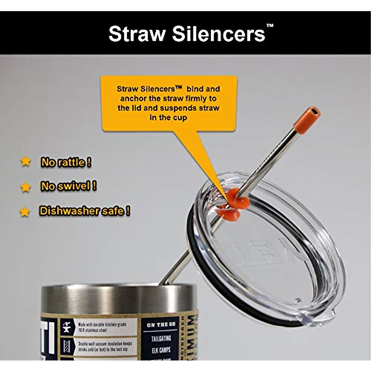 RAINIER Stainless Steel Metal Drinking Straws | Fits Yeti RTIC or Any 20 or 30 oz Tumbler| Extra Long Reusable Ecofriendly | Set of 8 Angled Straws with Silicone Silencers, Comfort Tips, 2 Brushes