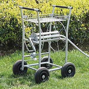 SUNNYSTORY All Metal Garden Hose Reel Cart with Metal Hose Guide System, Holds 150 Feet of 5/8 Inch Hose Cart with Solid Tires for Garden, Yard, Lawn