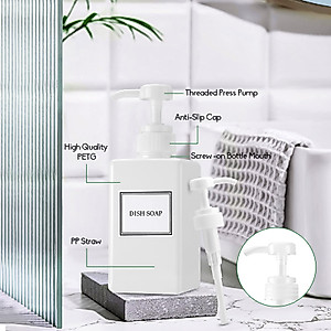 15oz Pump Dispenser for Bathroom, INSFIT Refillable Plastic Pump Bottles, Dish Soap Dispenser for Kitchen Sink, Hand Soap Dispenser, Laundry Detergent Dispenser with Waterproof Labels, 2 Pack White