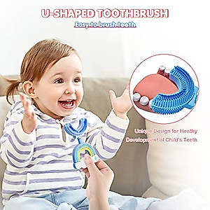 QiqaMole Toddler Toothbrush U-Shaped Kids Toothbrush Baby Soft Silicone Toothbrush Manual Training Toothbrush Infant 360° Oral Teeth Cleaning Design for Kids 2-7 Years Old (Pink)