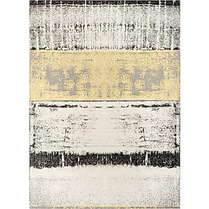 Well Woven Faren Grey & Yellow Kilim-Style Weave Distressed Tribal Stripe Area Rug 5x7 (5'3" x 7'3")