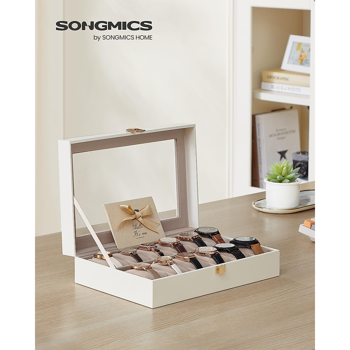 SONGMICS Watch Box, 12-Slot Watch Case with Large Glass Lid, Removable Watch Pillows, Watch Box Organizer, Gift for Loved Ones, Cloud White Synthetic Leather, Cappuccino Beige Lining UJWB120W01